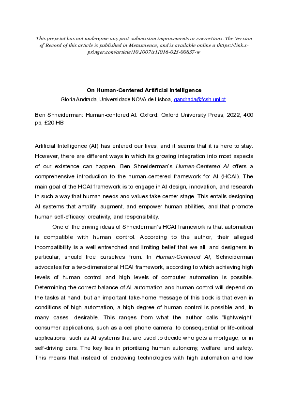 (PDF) On Human-Centered Artificial Intelligence