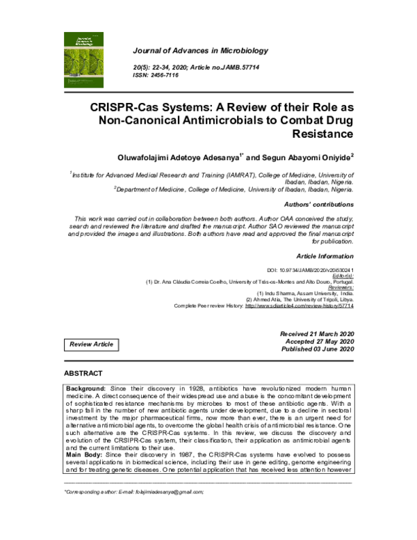 (PDF) CRISPR-Cas Systems: A Review of their Role as Non-Canonical Antimicrobials to Combat Drug ...