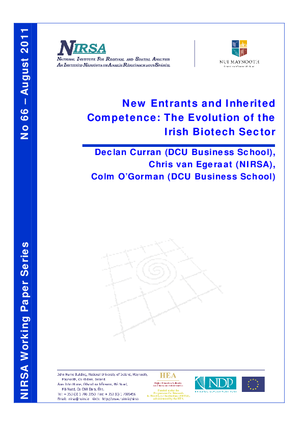 (PDF) New Entrants and InheritedCompetence: The Evolution of theIrish Biotech Sector (NIRSA ...