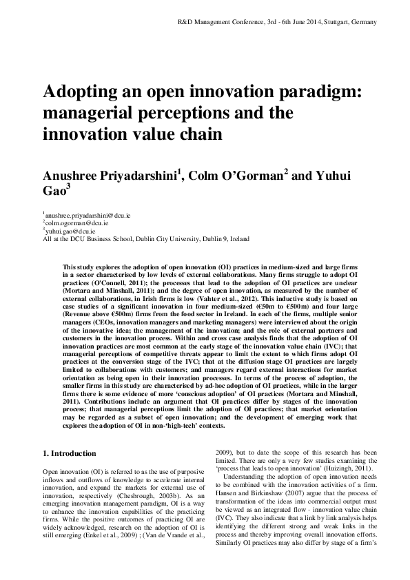 (PDF) Adopting an open innovation paradigm: managerial perceptions and ...