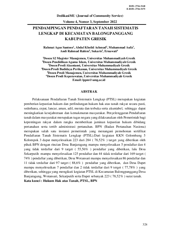 (PDF) Pendampingan Pendaftaran Tanah Sistematis Lengkap DI Kecamatan Balongpanggang Kabupaten Gresik