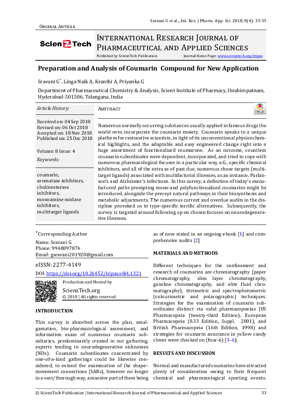 (PDF) Preparation and Analysis of Coumarin Compound for New Application