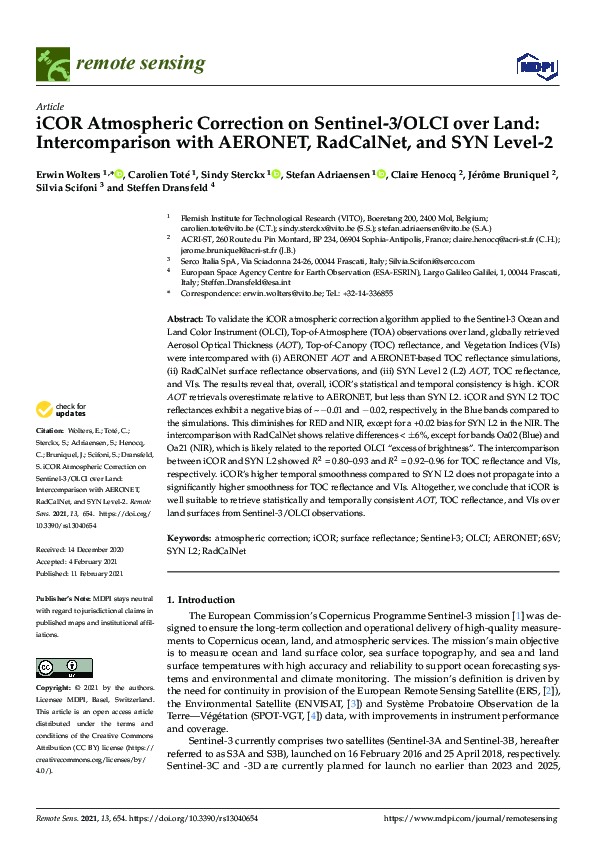 (PDF) iCOR Atmospheric Correction on Sentinel-3/OLCI over Land ...