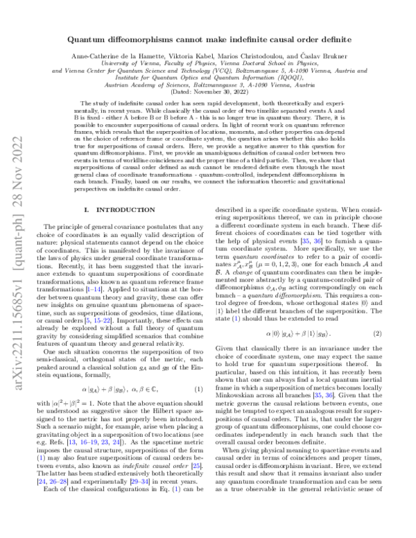 (PDF) Quantum diffeomorphisms cannot make indefinite causal order definite