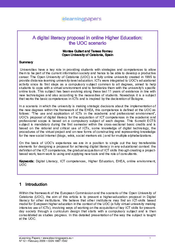 (PDF) A digital literacy proposal in online Higher Education: the UOC scenario