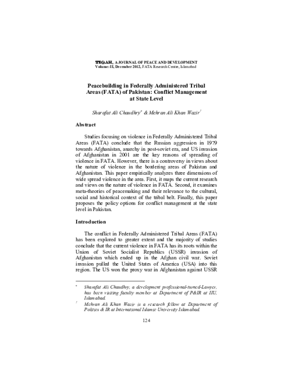 (PDF) Peacebuilding in Federally Administered Tribal Areas (FATA) of ...