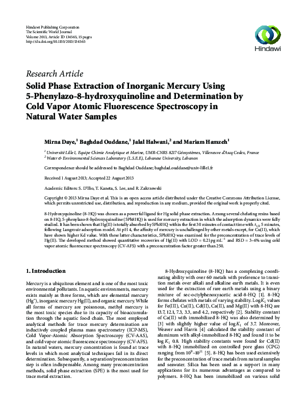 (PDF) Solid Phase Extraction of Inorganic Mercury Using 5-Phenylazo-8 ...
