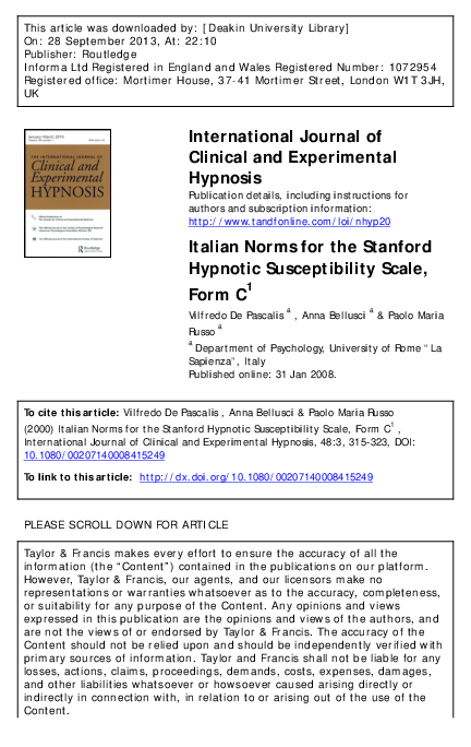 (PDF) Italian Norms for the Stanford Hypnotic Susceptibility Scale, Form C1