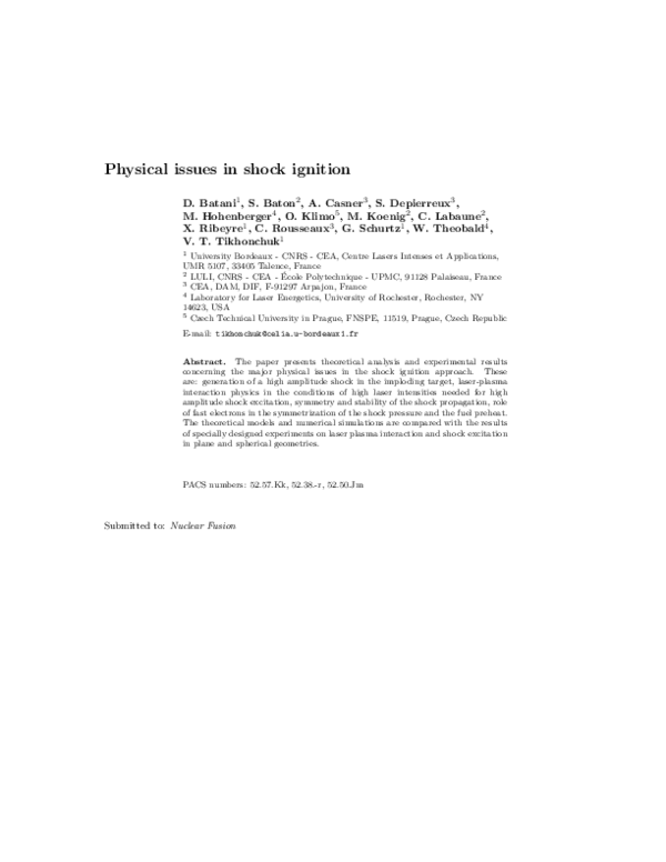 (PDF) Physics issues for shock ignition