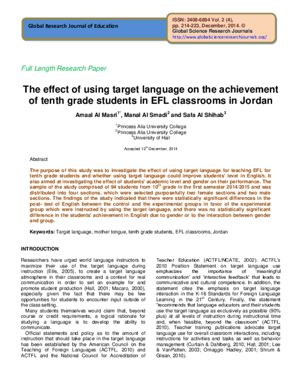(PDF) The effect of using target language on the achievement of tenth ...
