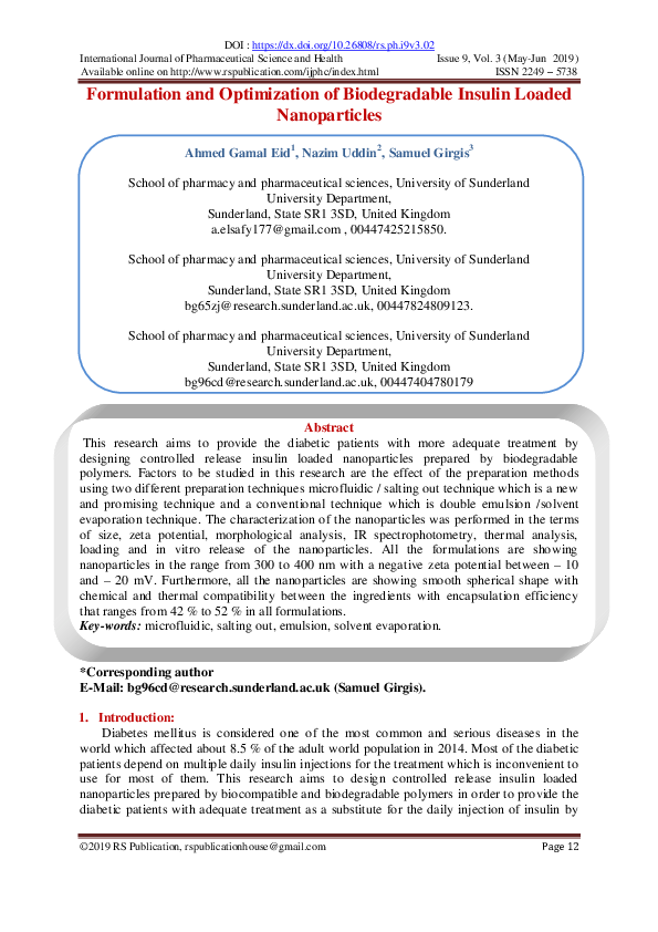 (PDF) Formulation and Optimization of Biodegradable Insulin Loaded Nanoparticles