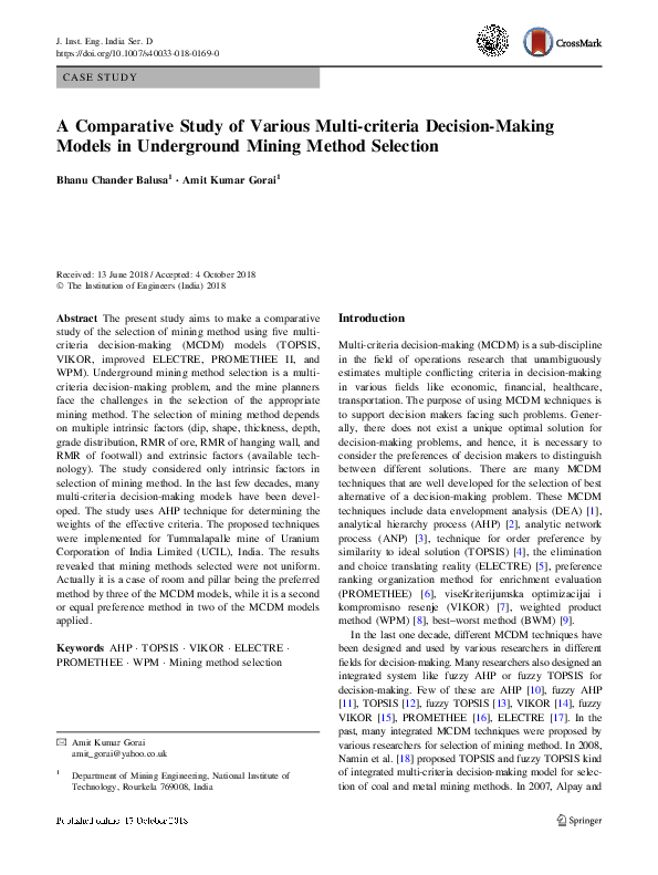 (PDF) A Comparative Study of Various Multi-criteria Decision-Making Models in Underground Mining ...