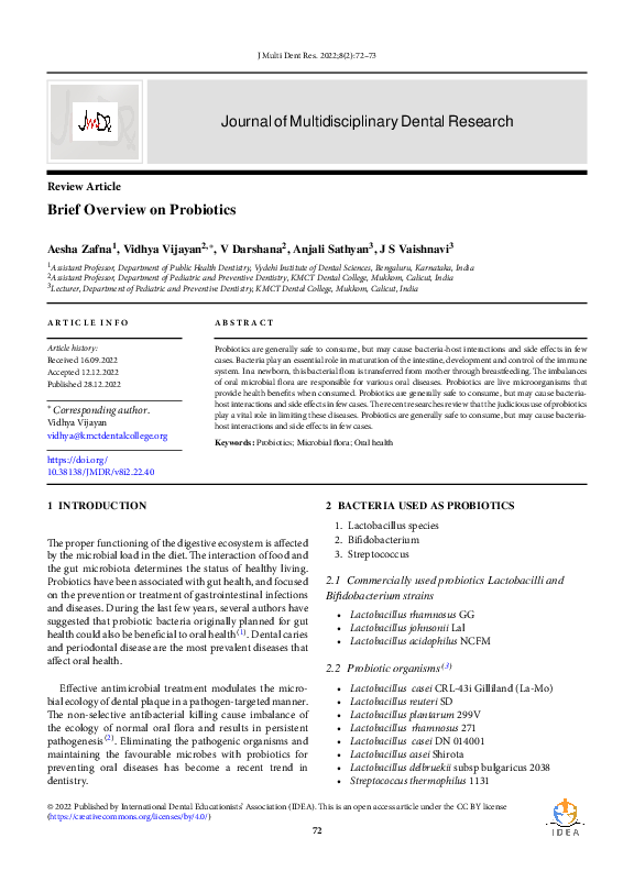 (PDF) Brief Overview on Probiotics | Vidhya Vijayan - Academia.edu