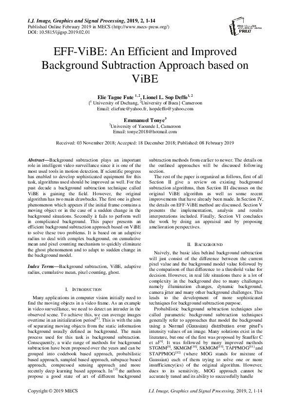 (PDF) EFF-ViBE: An Efficient and Improved Background Subtraction Approach based on ViBE