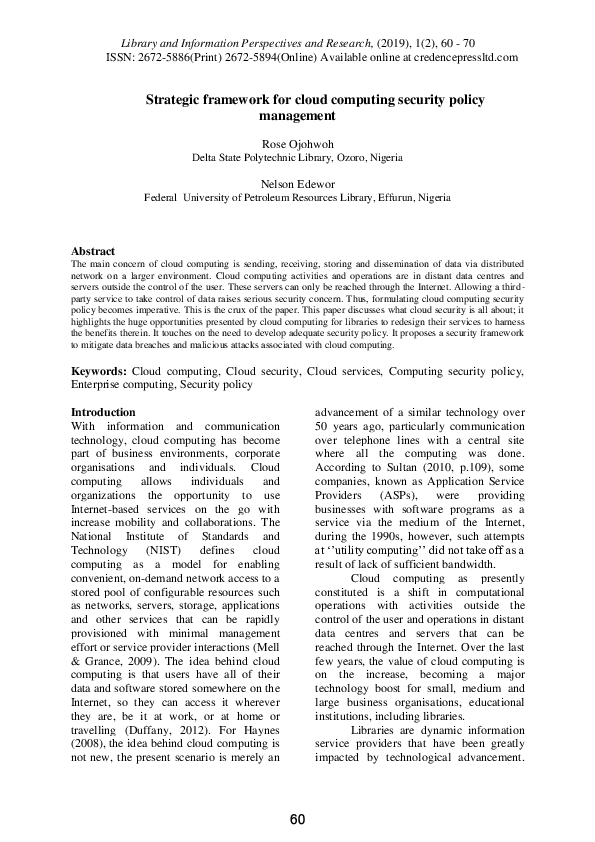 (PDF) Strategic framework for cloud computing security policy management