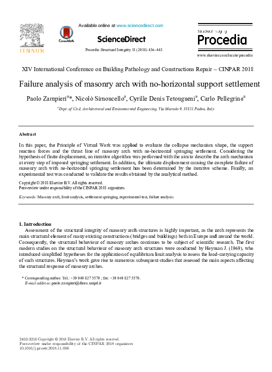 (PDF) Failure analysis of masonry arch with no-horizontal support ...