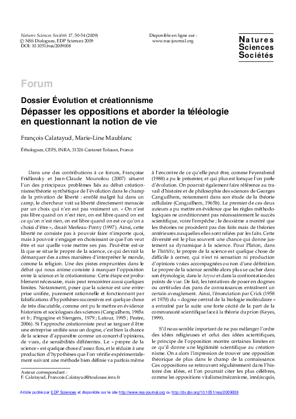 (PDF) Dossier Évolution et créationnisme. Dépasser les oppositions et ...