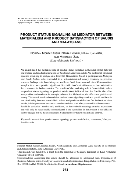 (PDF) Product status signaling as mediator between materialism and ...