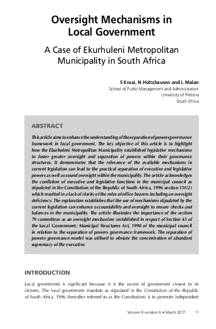 (PDF) Oversight mechanisms in local government : a case of Ekurhuleni ...