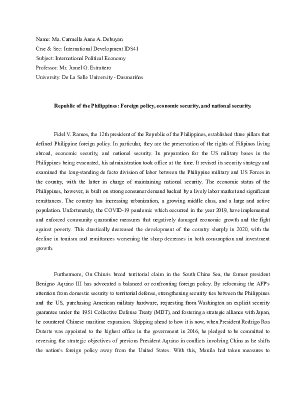 (PDF) Republic of the Philippines Foreign policy economic security and ...