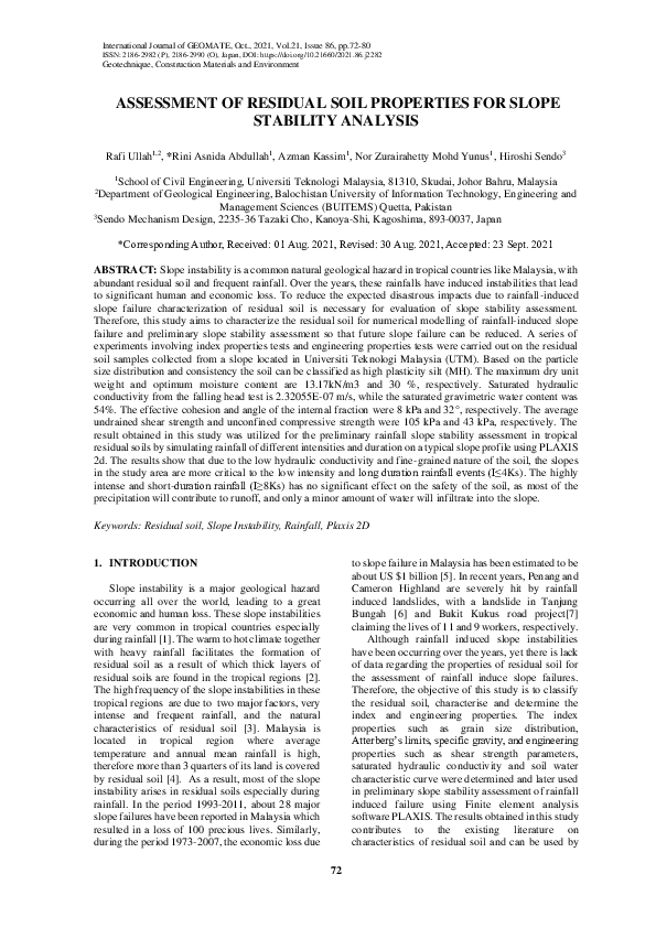 (PDF) Assessment of Residual Soil Properties for Slope Stability Analysis