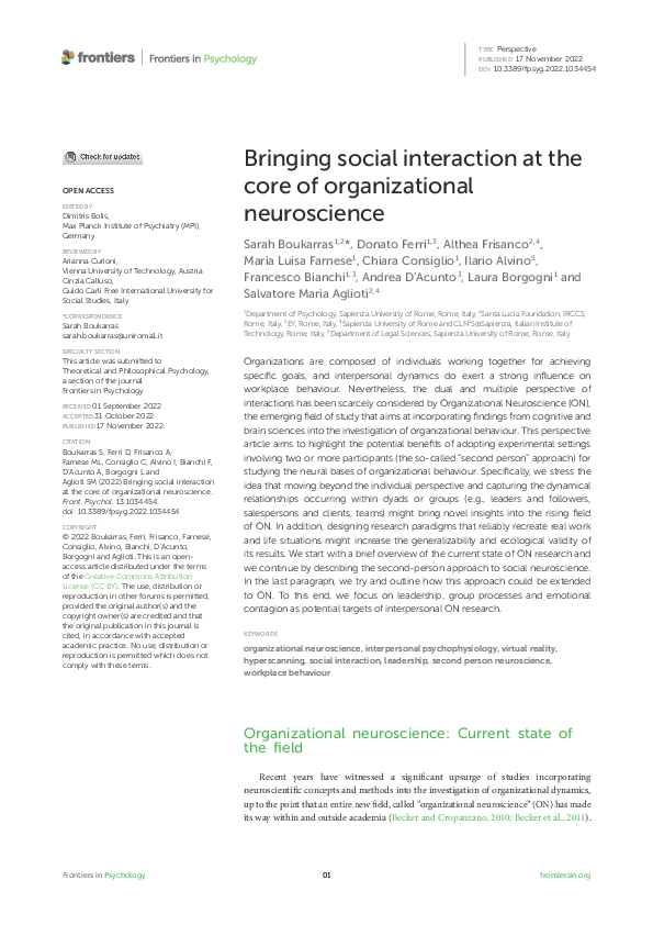 (PDF) Bringing social interaction at the core of organizational neuroscience