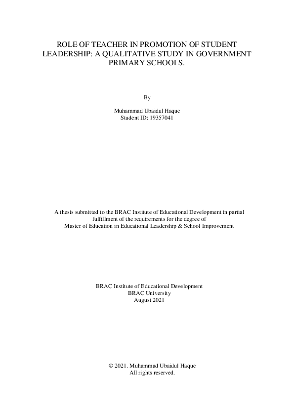 (PDF) ROLE OF TEACHER IN PROMOTION OF STUDENT LEADERSHIP: A QUALITATIVE ...