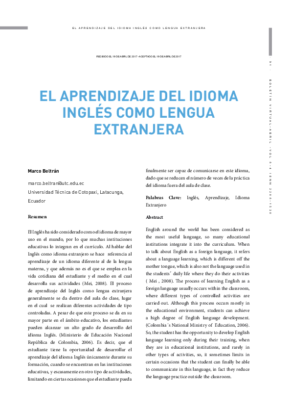 (PDF) El aprendizaje del idioma inglés como lengua extranjera