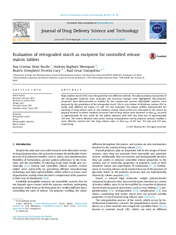 Pdf Evaluation Of Retrograded Starch As Excipient For Controlled Release Matrix Tablets