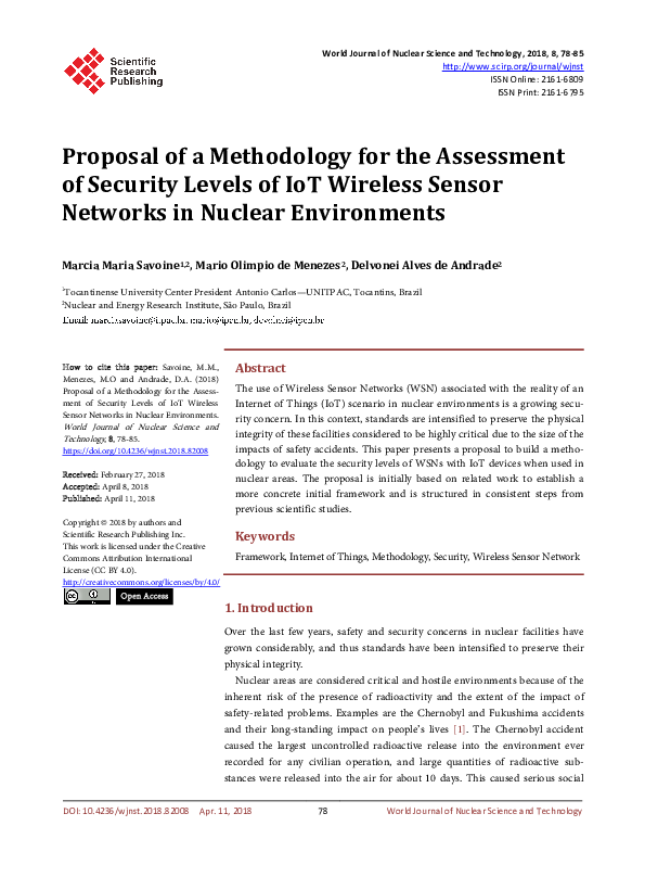 (PDF) Proposal of a Methodology for the Assessment of Security Levels of IoT Wireless Sensor ...