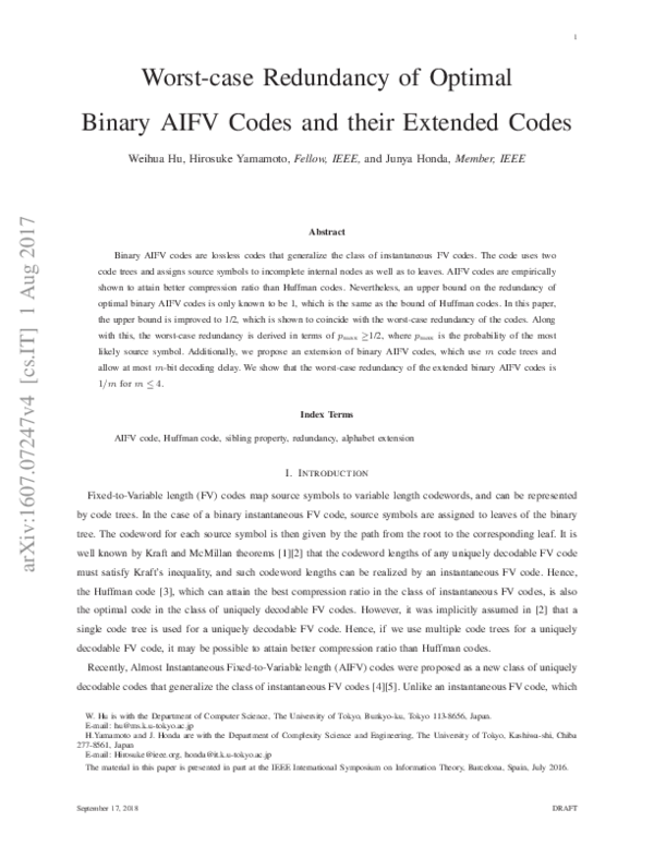 Pdf Worst Case Redundancy Of Optimal Binary Aifv Codes And Their