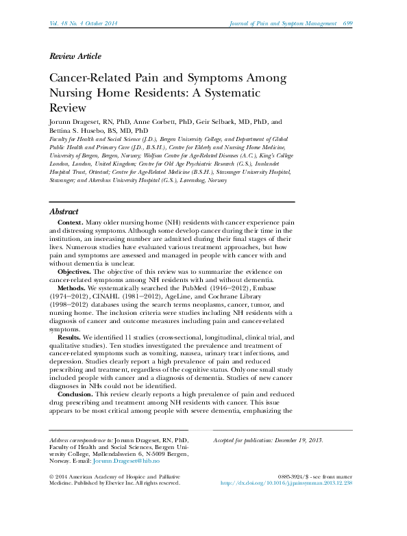 (PDF) Cancer-Related Pain and Symptoms Among Nursing Home Residents: A ...