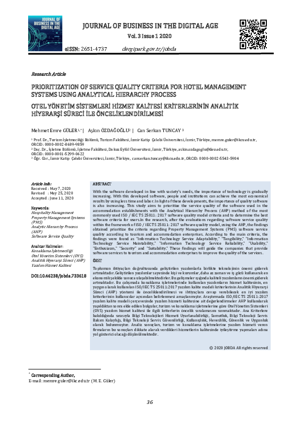 (PDF) Prioritization of Service Quality Criteria for Hotel Management Systems Using Analytical ...