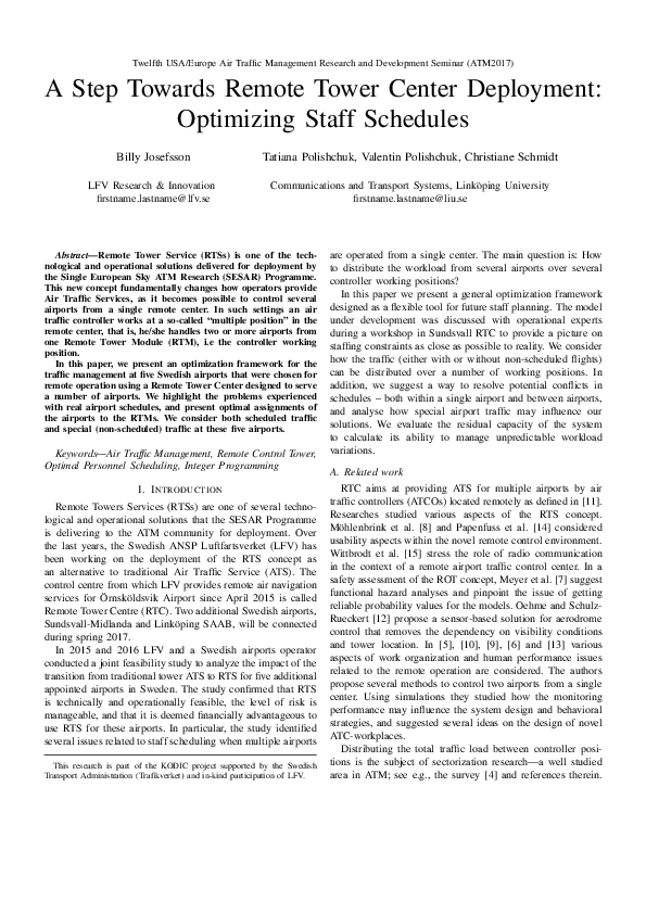 (PDF) Step Toward Remote Tower Center Deployment: Optimizing Staff ...