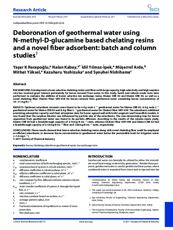 (PDF) Deboronation of geothermal water using N-methyl-D-glucamine based ...