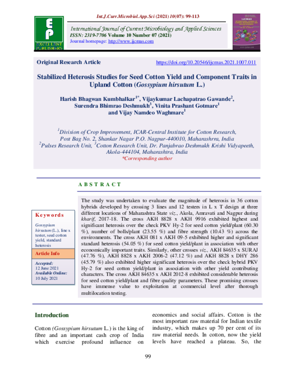 (PDF) Stabilized Heterosis Studies for Seed Cotton Yield and Component ...