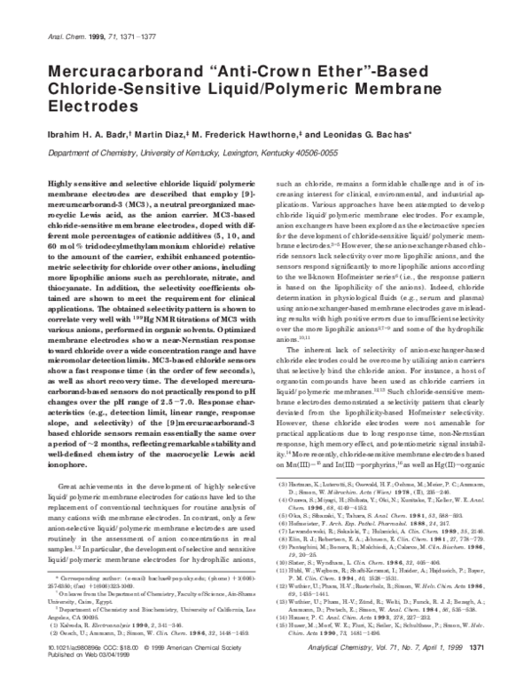 (PDF) Mercuracarborand “Anti-Crown Ether”-Based Chloride-Sensitive Liquid/Polymeric Membrane ...
