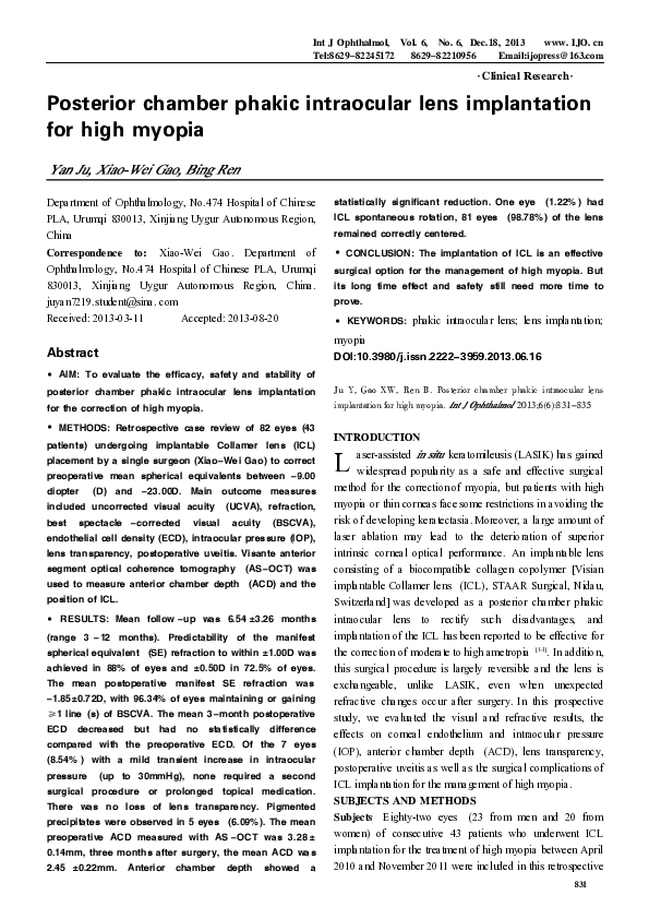 (PDF) Posterior chamber phakic intraocular lens implantation for high ...