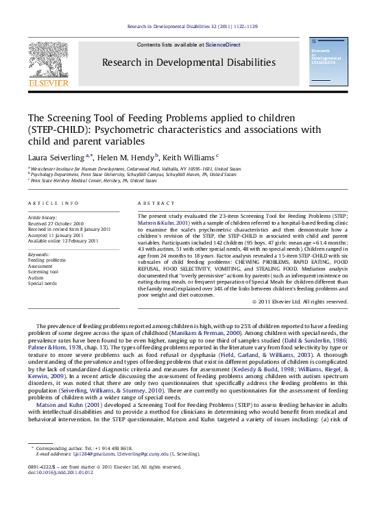 (PDF) The Screening Tool of Feeding Problems applied to children (STEP-CHILD): Psychometric ...