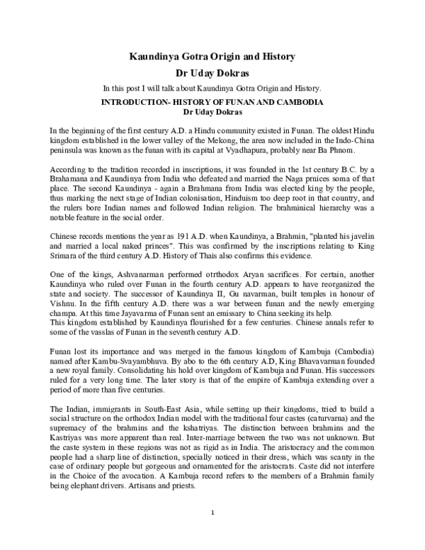 (DOC) Kaundinya ----Gotra Origin and History and relationship to the KHMERS