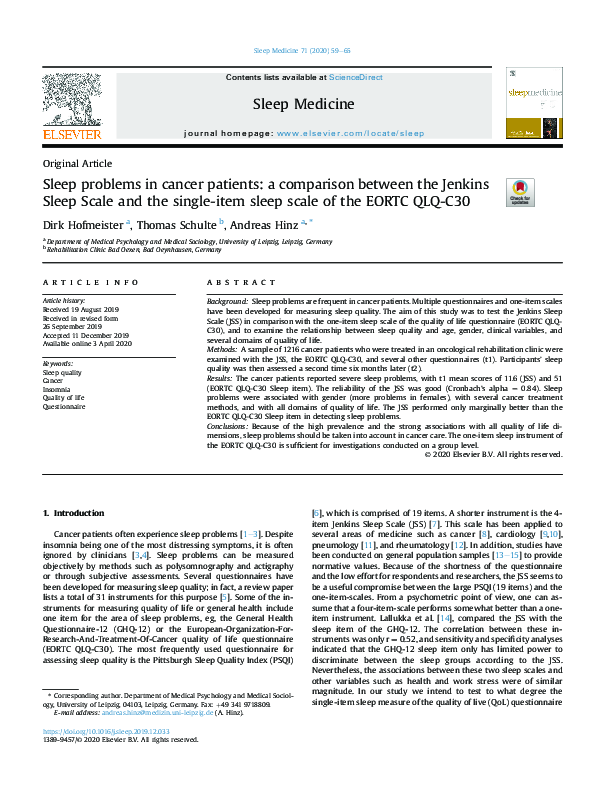 (PDF) Sleep problems in cancer patients: a comparison between the ...