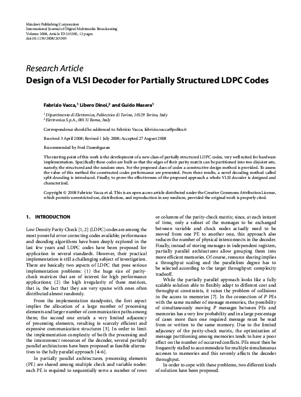 (PDF) Design of a VLSI Decoder for Partially Structured LDPC Codes