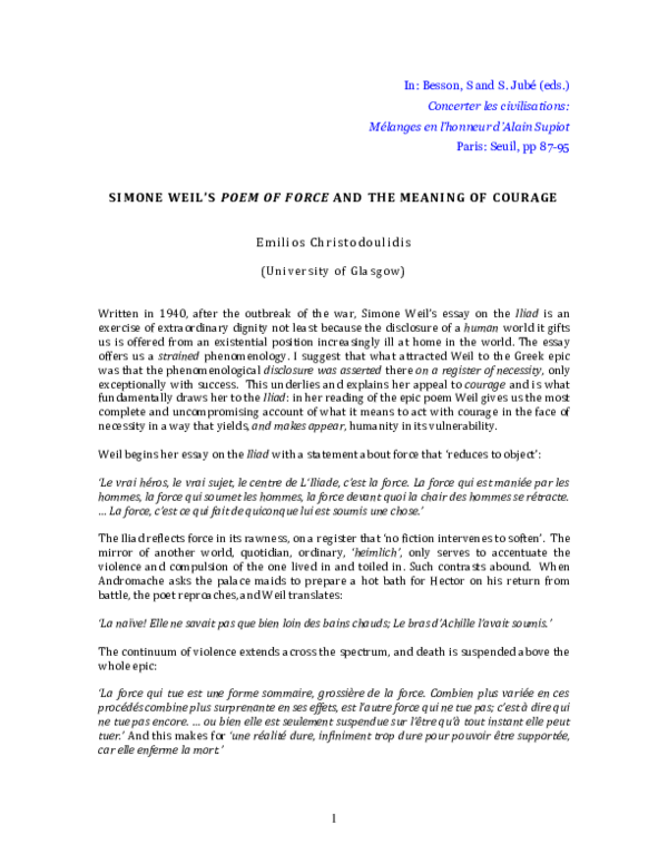 (PDF) SIMONE WEIL'S POEM OF FORCE AND THE MEANING OF COURAGE [2020]
