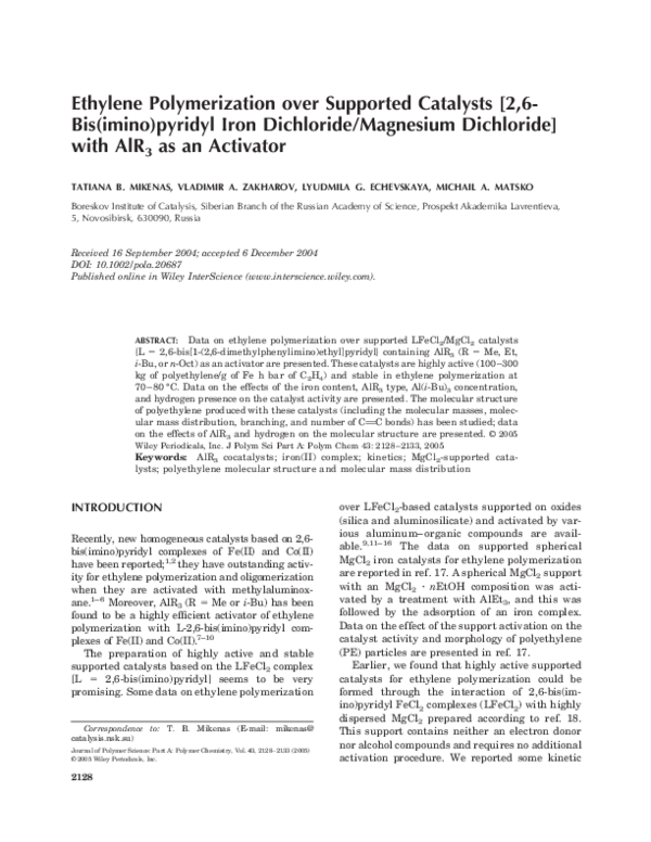 (PDF) Ethylene polymerization over supported catalysts [2,6-bis(imino ...