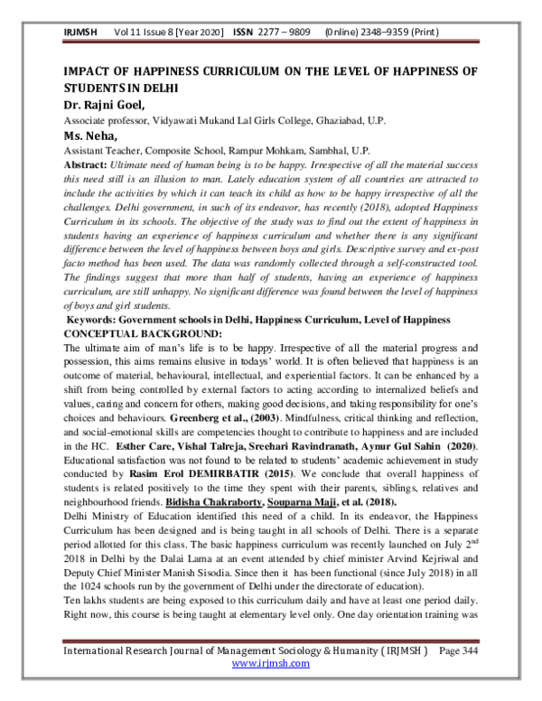 (PDF) IMPACT OF HAPPINESS CURRICULUM ON THE LEVEL OF HAPPINESS OF ...