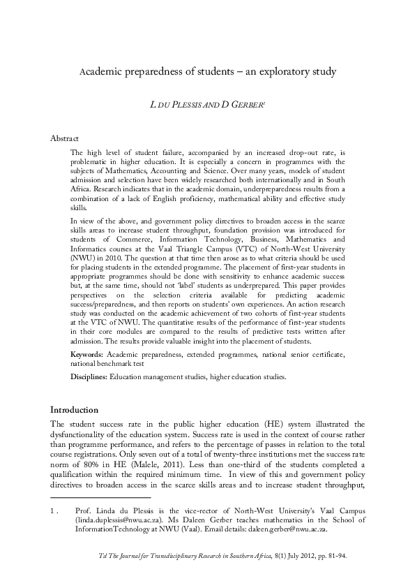 (PDF) Academic preparedness of students – an exploratory study