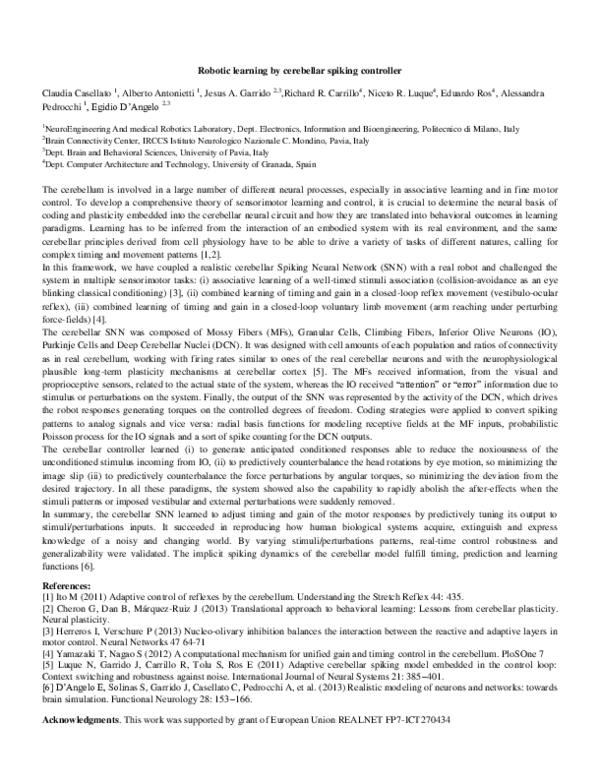 (PDF) Robotic learning by cerebellar spiking controller