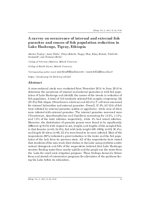 (PDF) A survey on occurrence of internal and external fish parasites ...