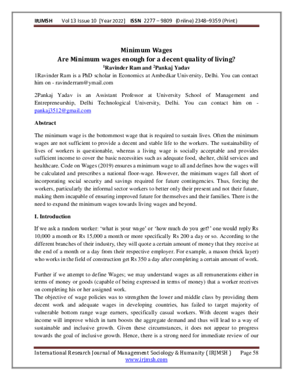 (PDF) Minimum Wages Are Minimum wages enough for a decent quality of living