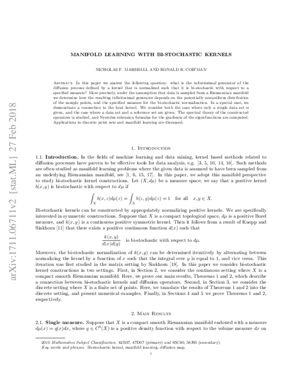 (PDF) Manifold learning with bi-stochastic kernels